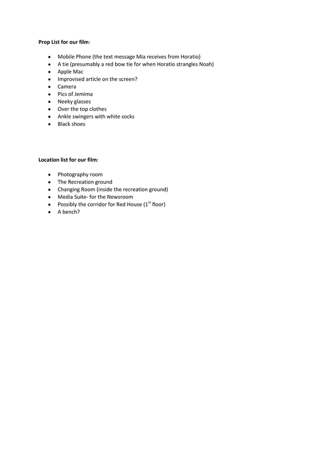 Prop List And Location Lists | PDF