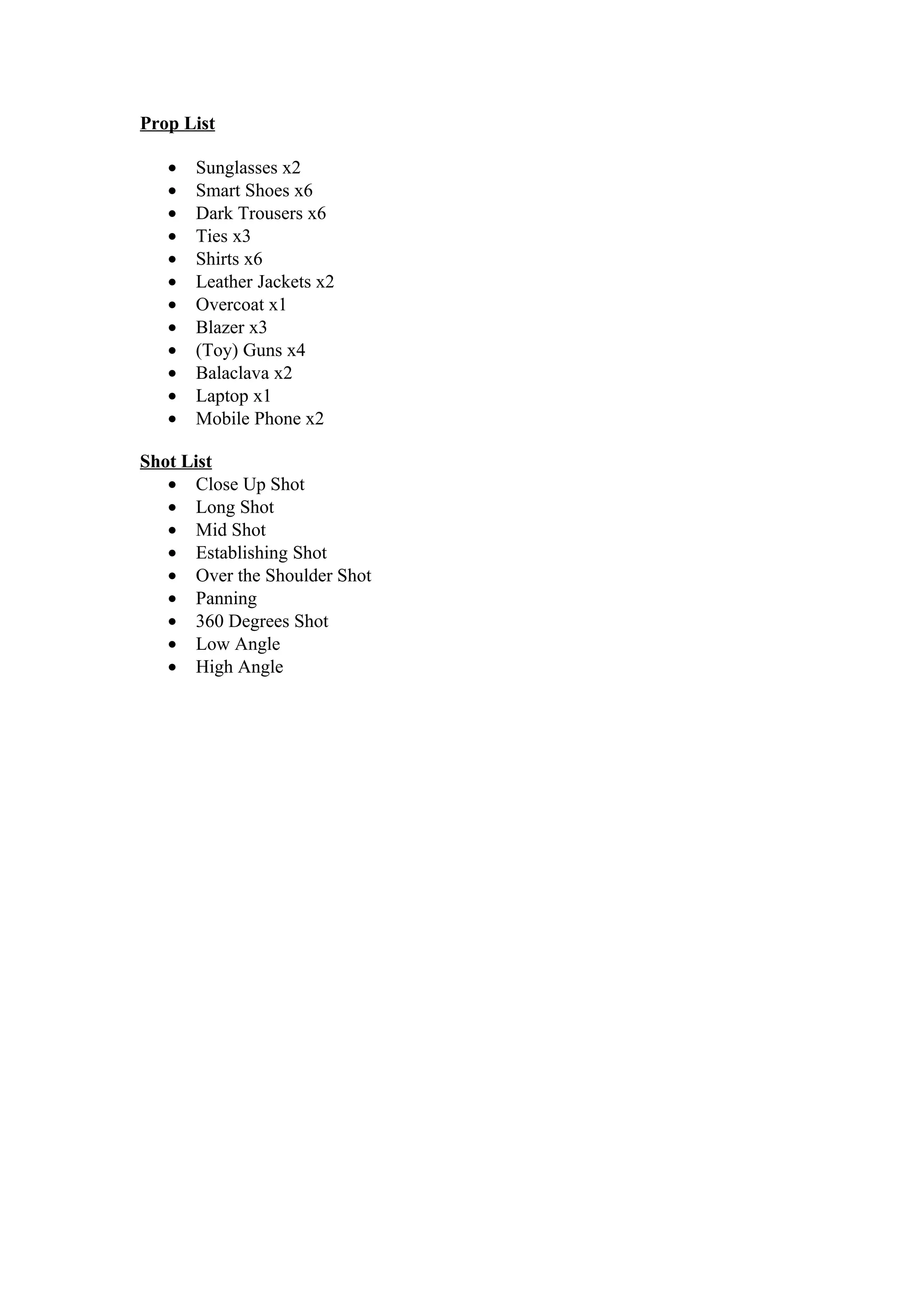 Prop List and Shot List | PDF