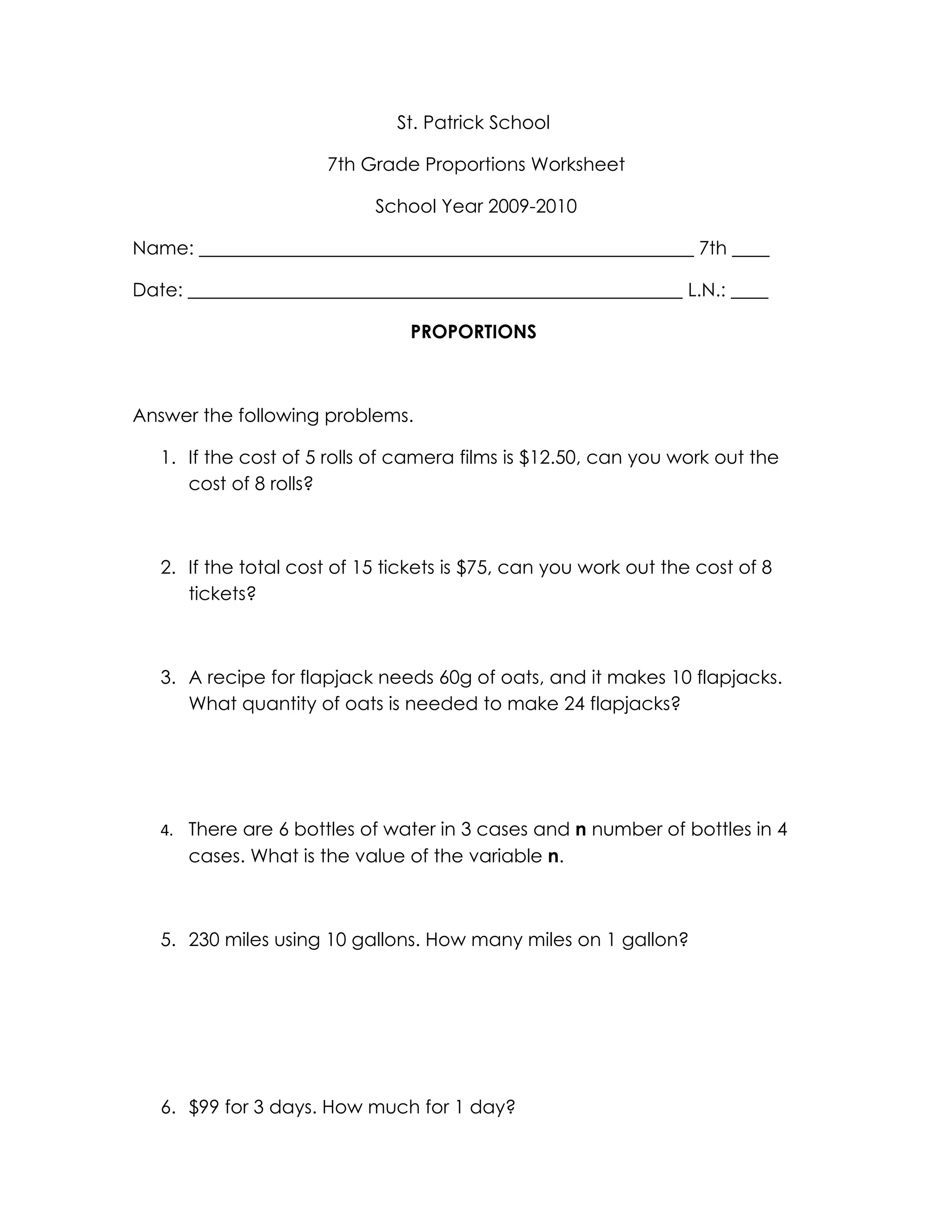 Proportions Worksheet | PDF