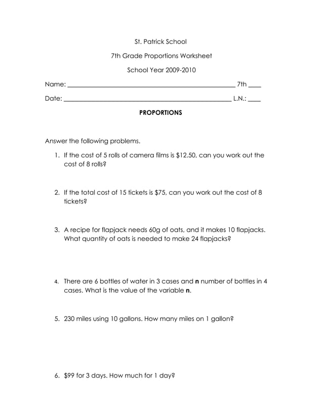 Proportions Worksheet | PDF