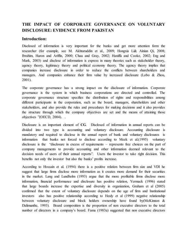 Proposal of the study THE IMPACT OF CORPORATE GOVERNANCE ON VOLUNTARY DISCLOSURE: EVIDENCE FROM ...