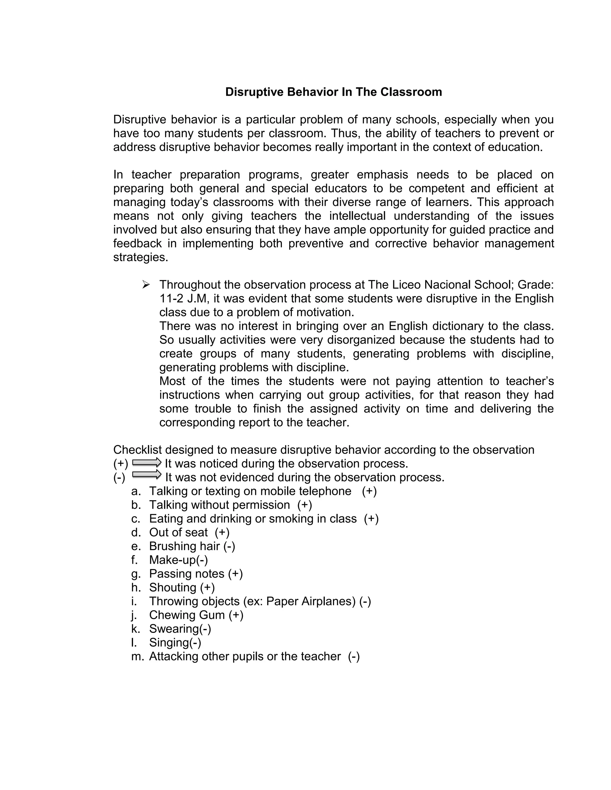 Proposal disruptive behavior in the classroom | DOCX