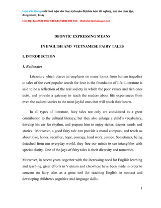 DEONTIC EXPRESSING MEANS IN ENGLISH AND VIETNAMESE FAIRY TALES | DOC