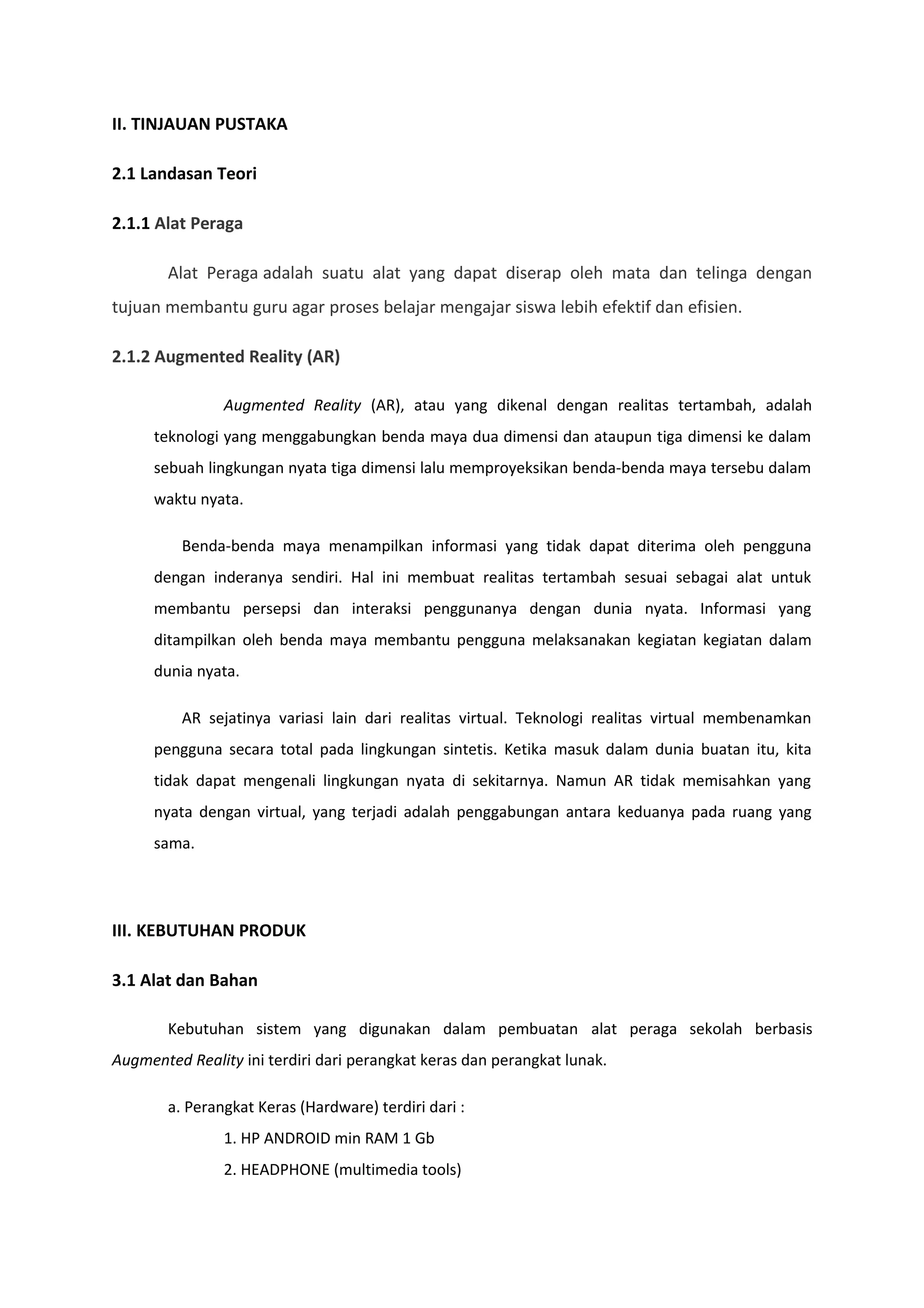 PROPOSAL ALAT PERAGA SEKOLAH BERBASIS AUGMENTED REALITY | DOC