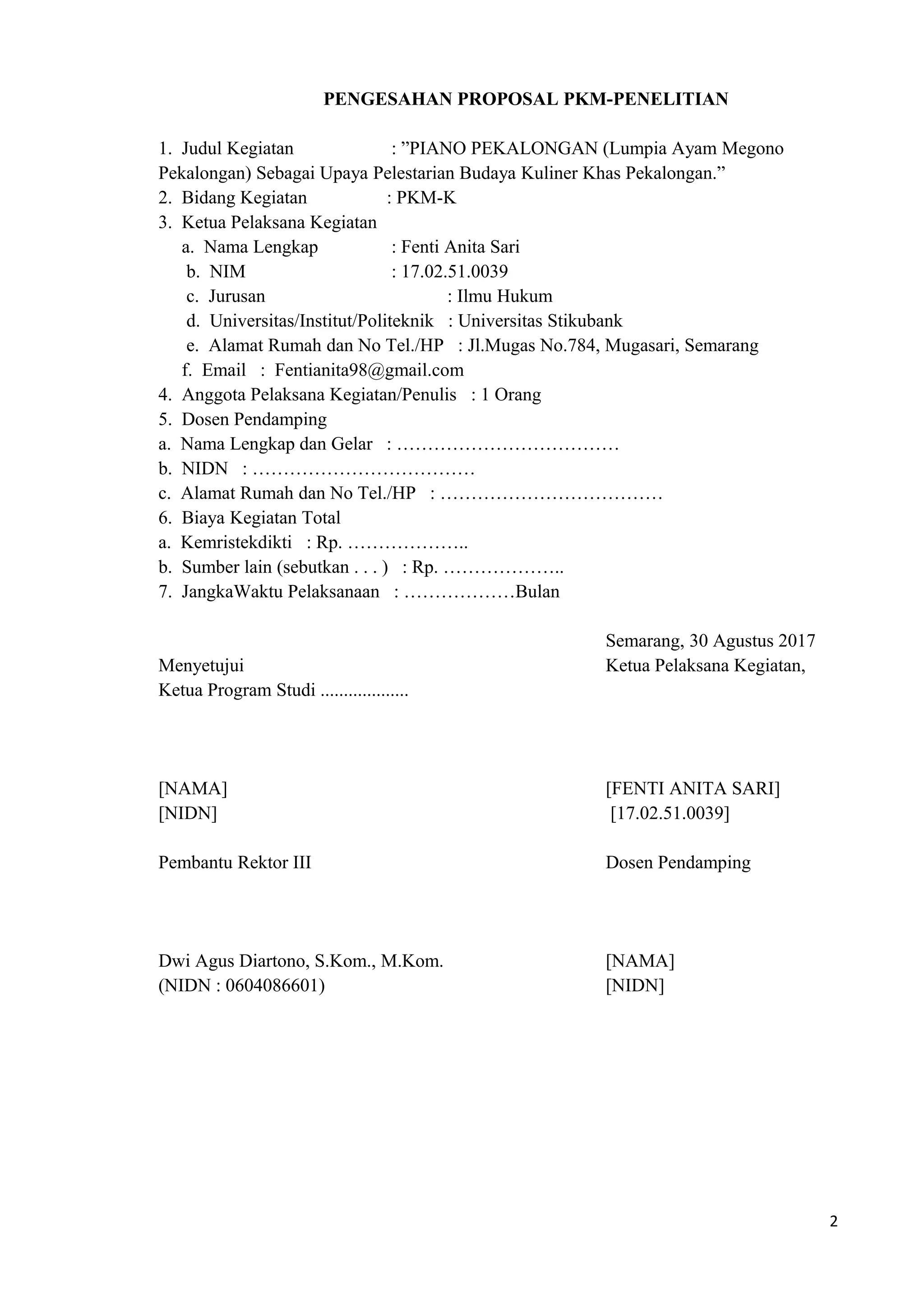 Proposal Program Kreativitas Mahasiswa ”PIANO PEKALONGAN (Lumpia Ayam ...
