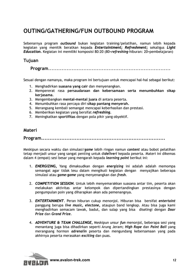 Proposal produk-avalon-outbound-outing | PDF