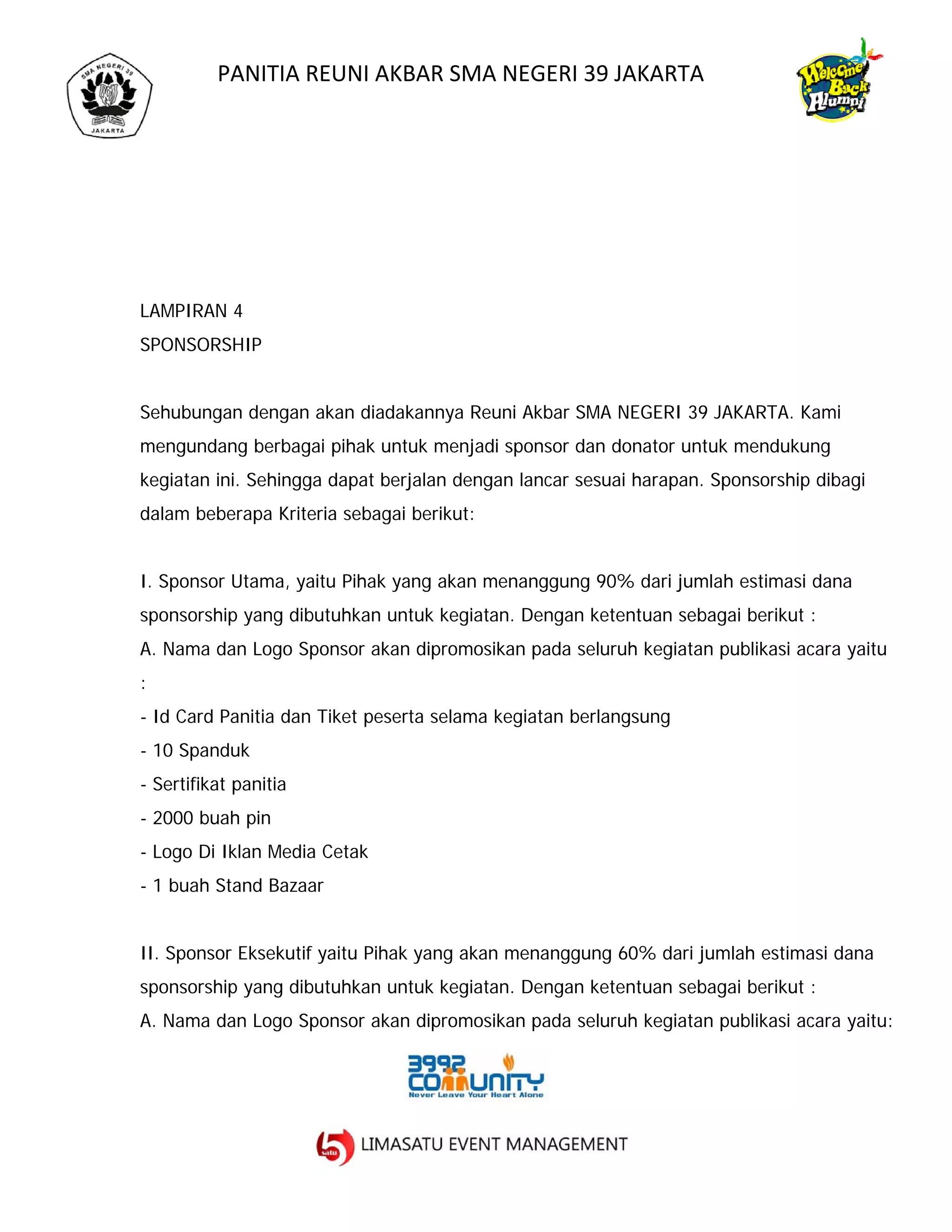 CONTOH PROPOSAL REUNI AKBAR SMA NEGERI 39 | PDF