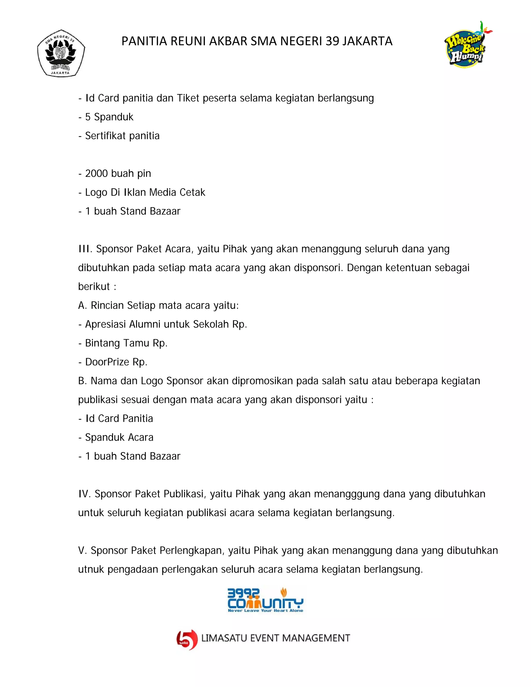 CONTOH PROPOSAL REUNI AKBAR SMA NEGERI 39 | PDF