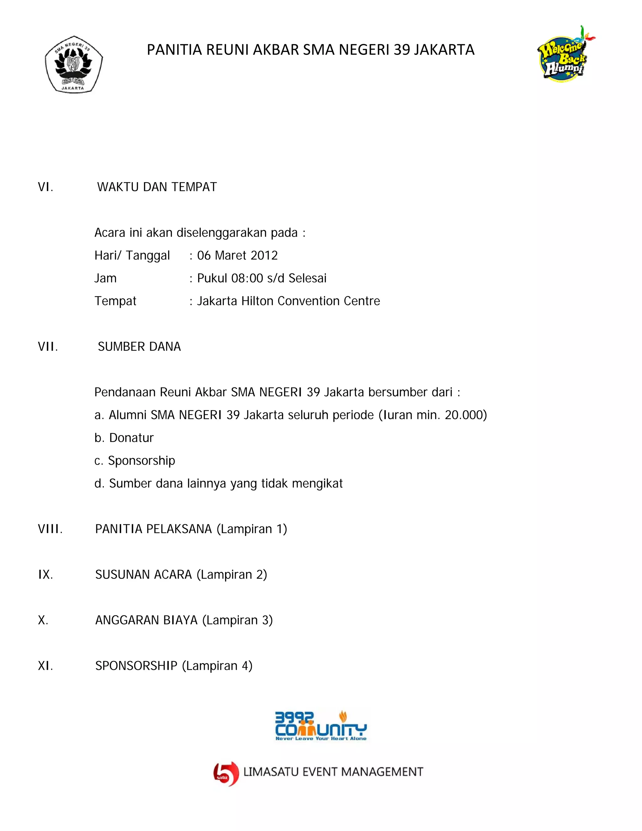 CONTOH PROPOSAL REUNI AKBAR SMA NEGERI 39 | PDF