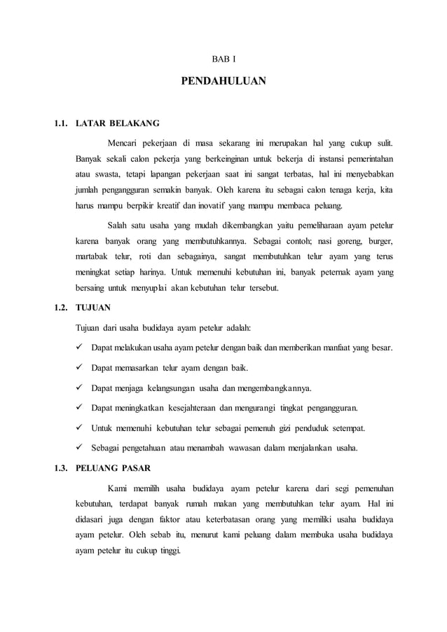 Contoh Proposal Usaha Budidaya Ayam Petelur | KEWIRAUSAHAAN | DOCX