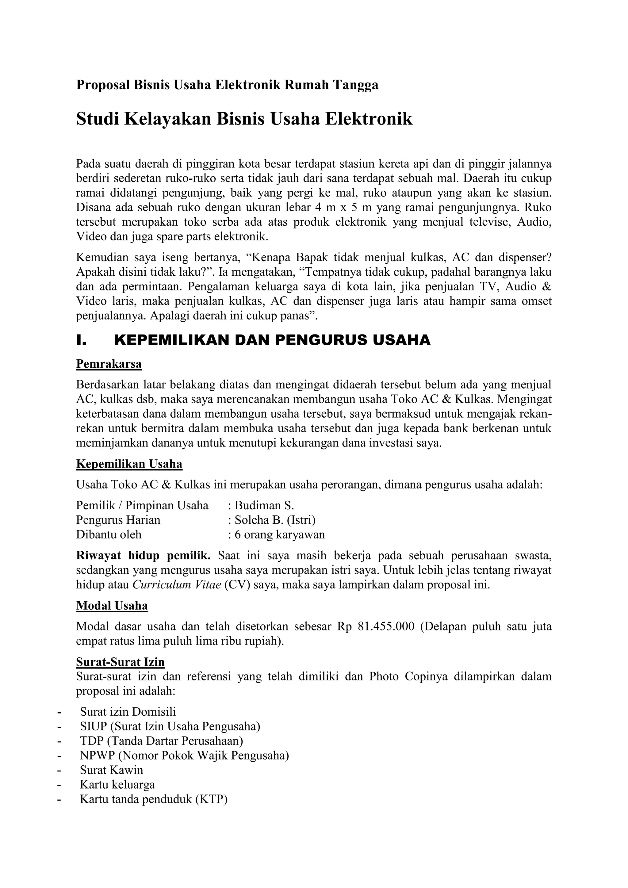 Proposal bisnis usaha elektronik rumah tangga | DOCX