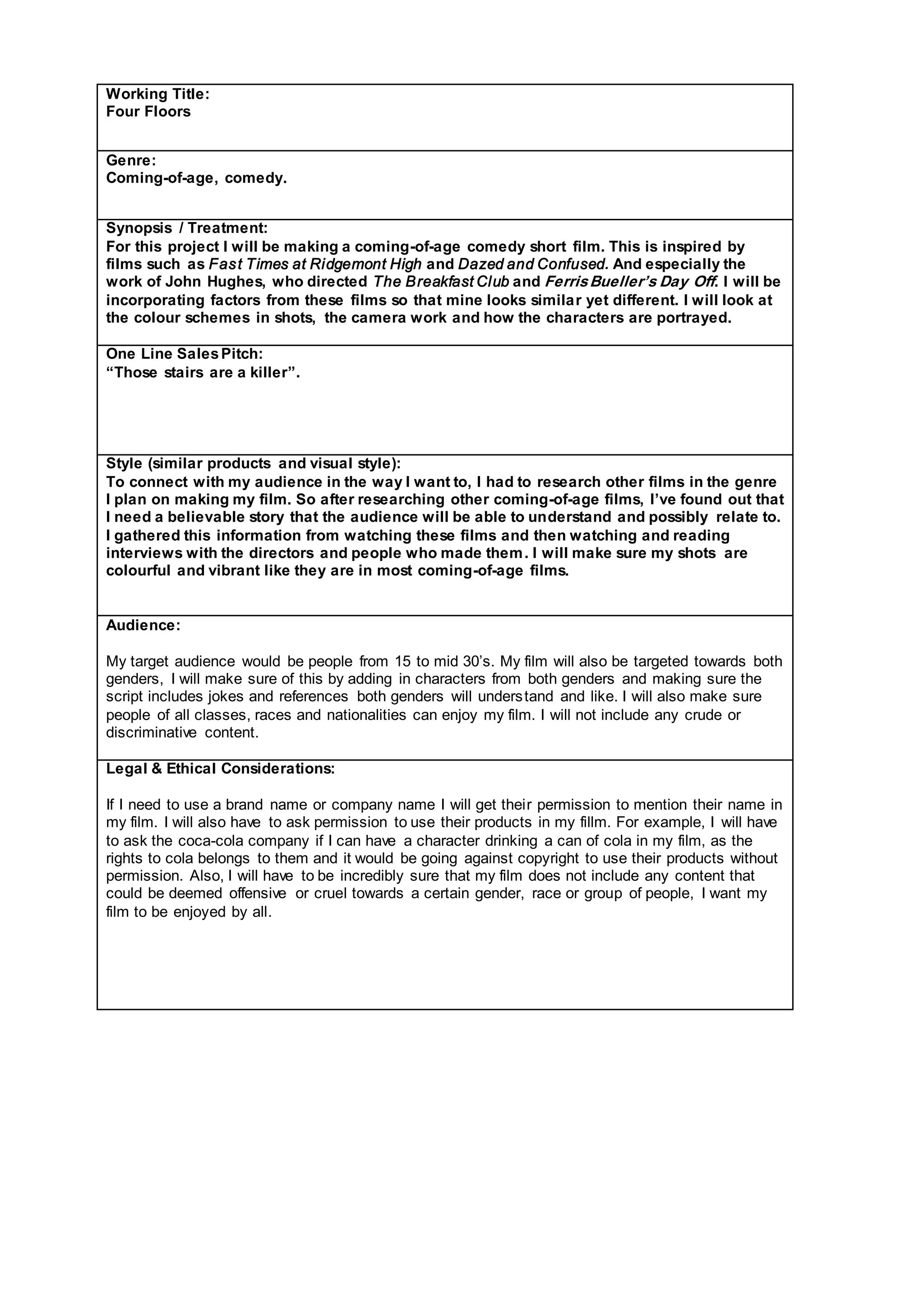 Short Film Proposal Document | DOCX