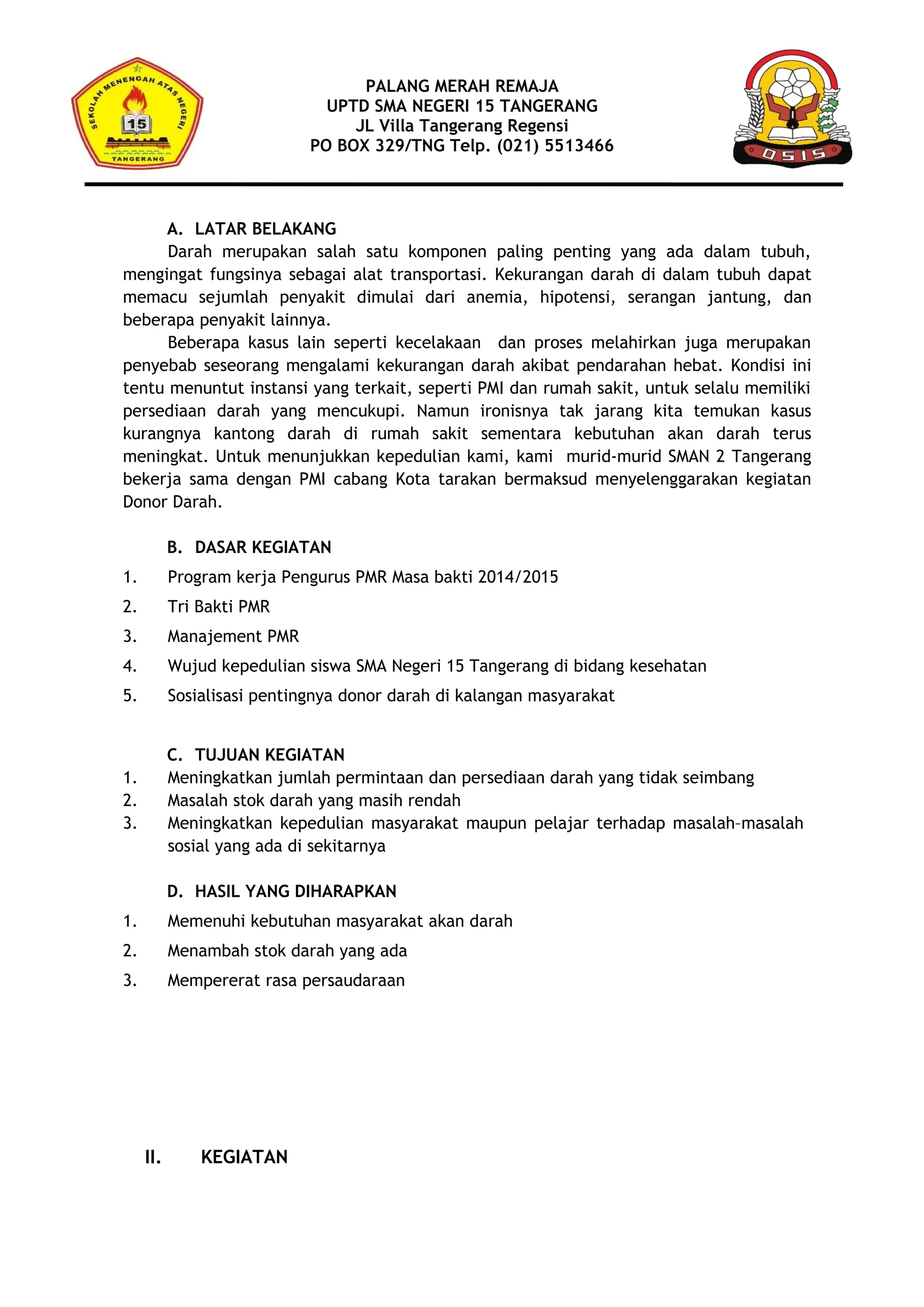 PMR SMA Negeri 15 Tangerang - Proposal Donor Darah | DOCX