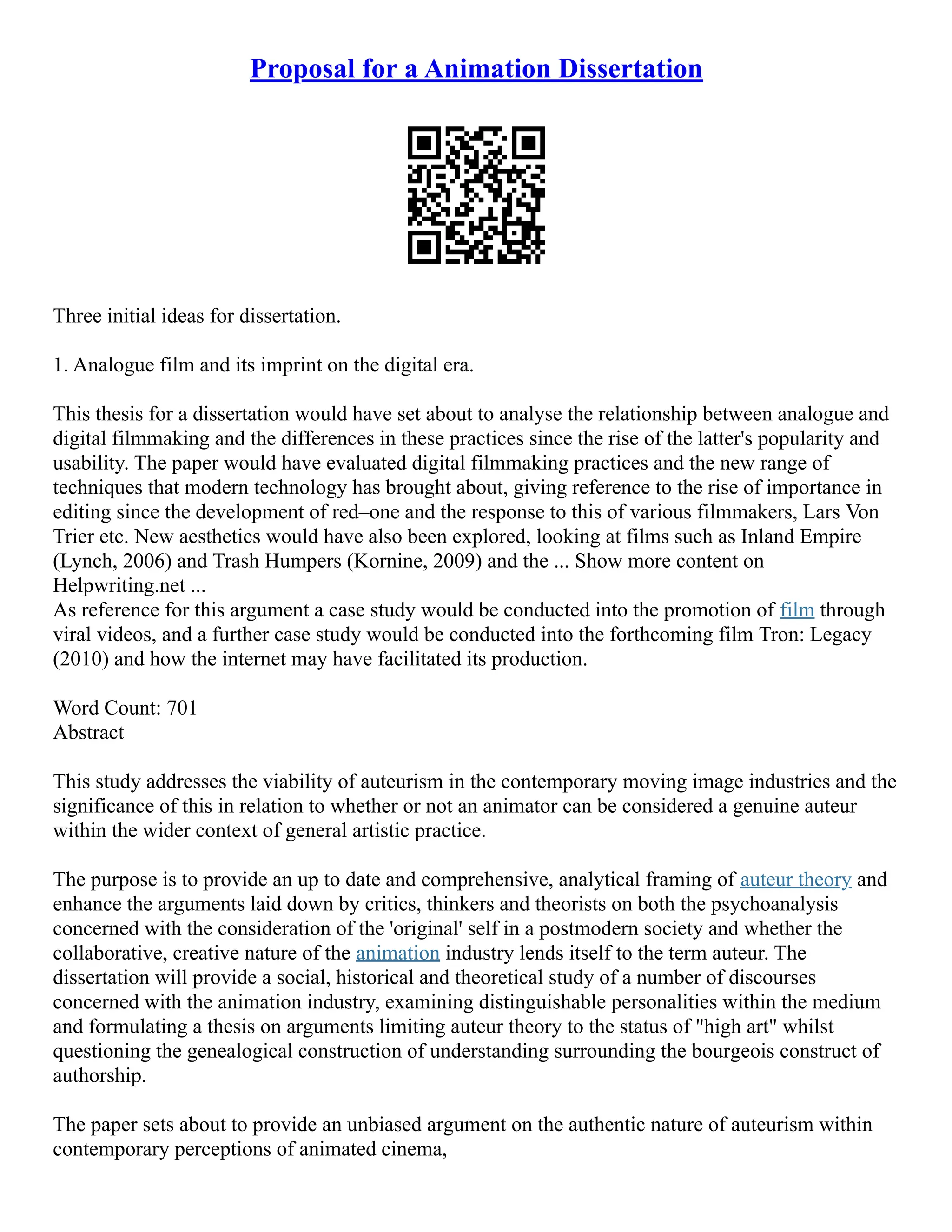 Proposal For A Animation Dissertation | PDF