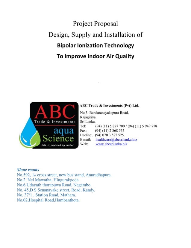 Proposal for Indoor Air Purification - Bipolar Ionization Technology | PDF