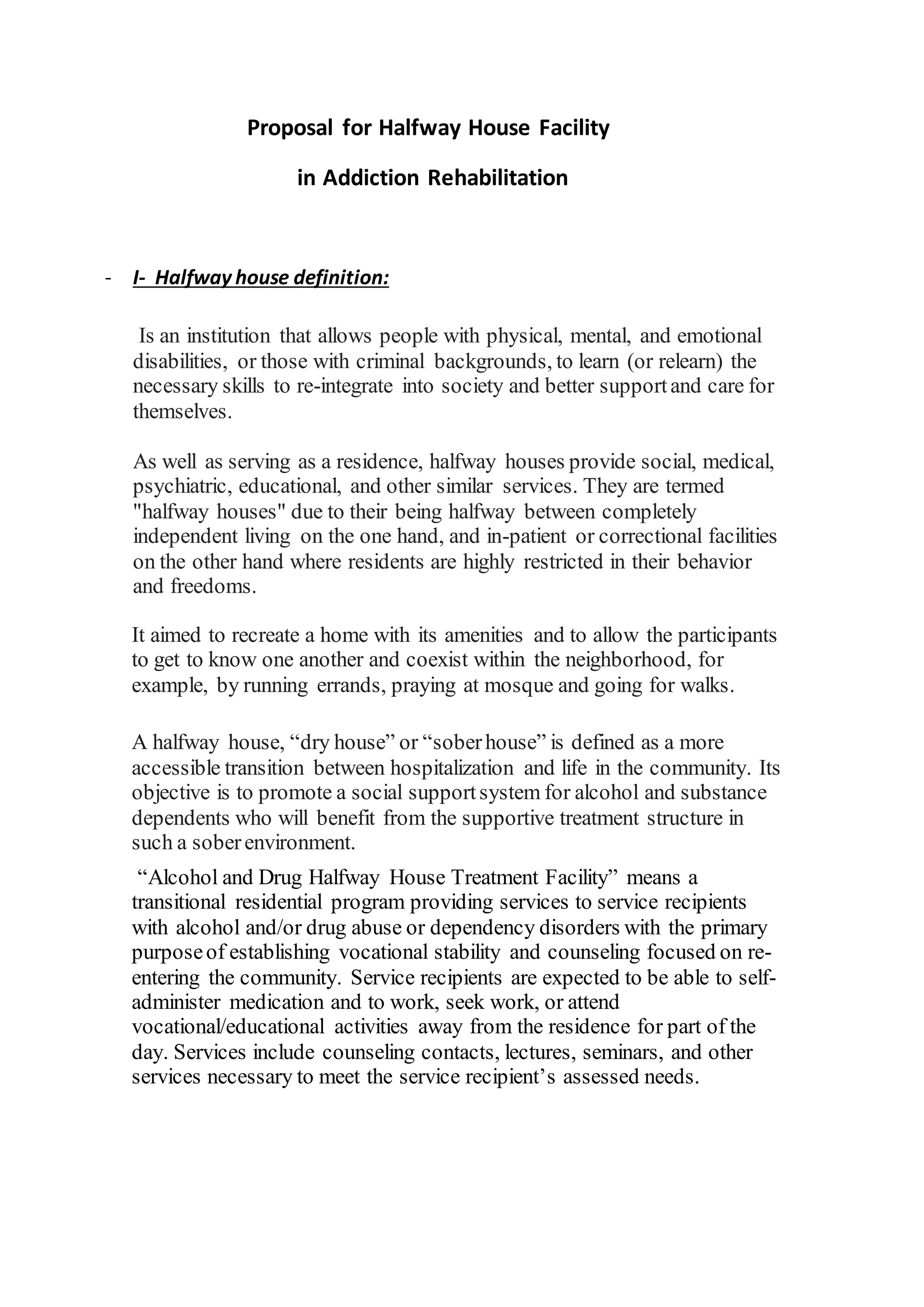 Proposal for Halfway House Facility: in Addiction Rehabilitation | DOCX