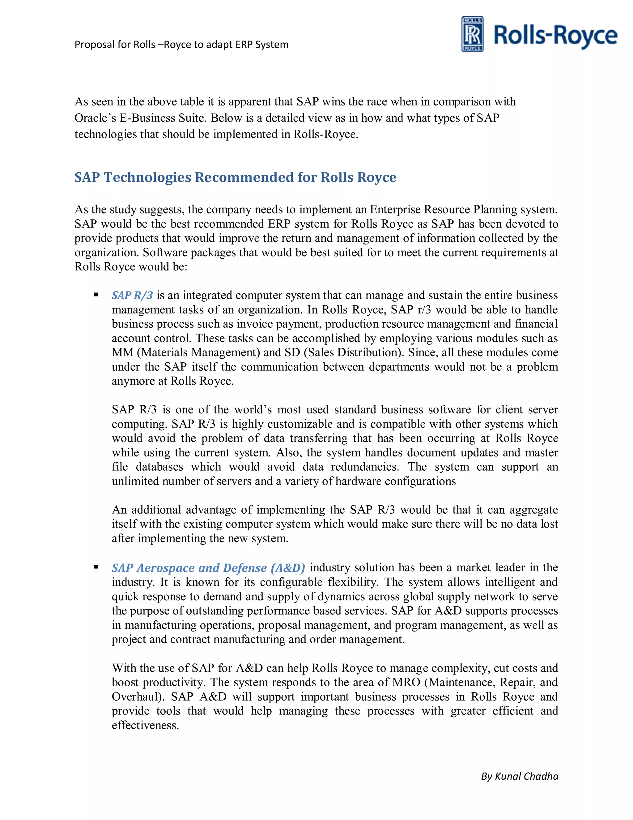Proposal for rolls royce to adapt an erp system | PDF