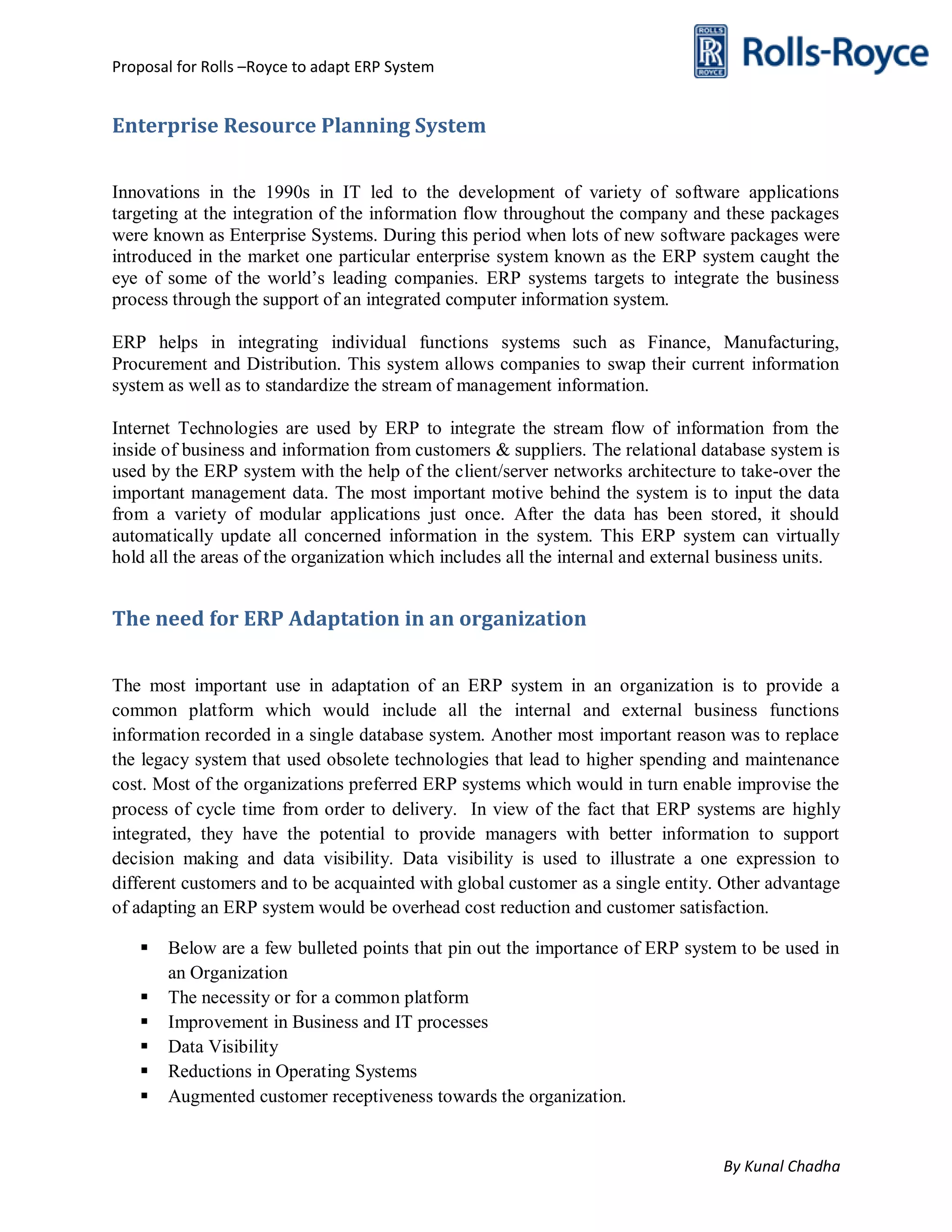 Proposal for rolls royce to adapt an erp system | PDF