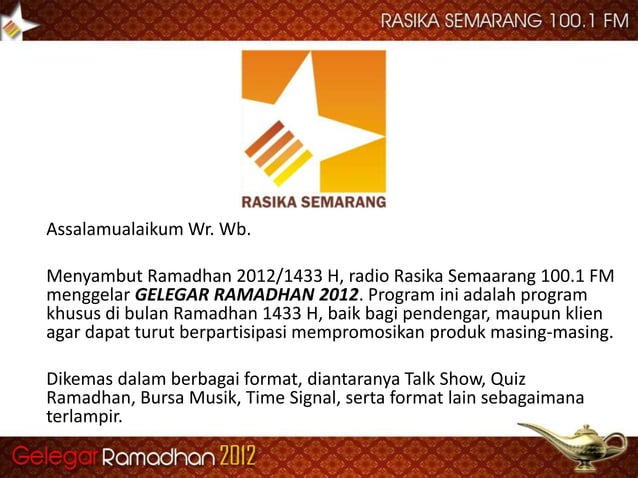 Proposal gelegar ramadhan 2012 Rasika Semarang 100.1 FM | PPTX