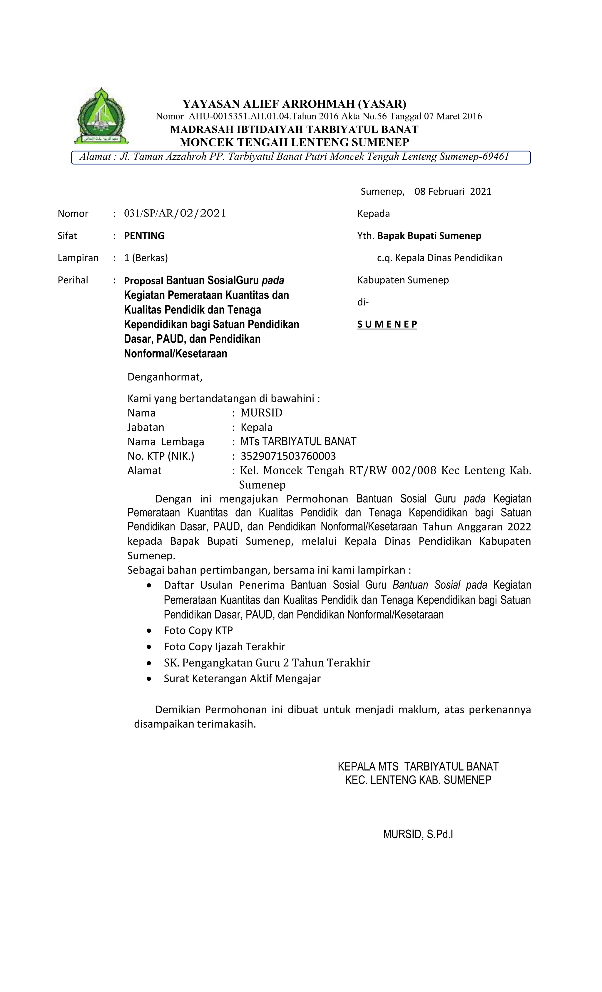 PROPOSAL HAMDI.contoh proposal untuk ajuan bantuan | DOCX