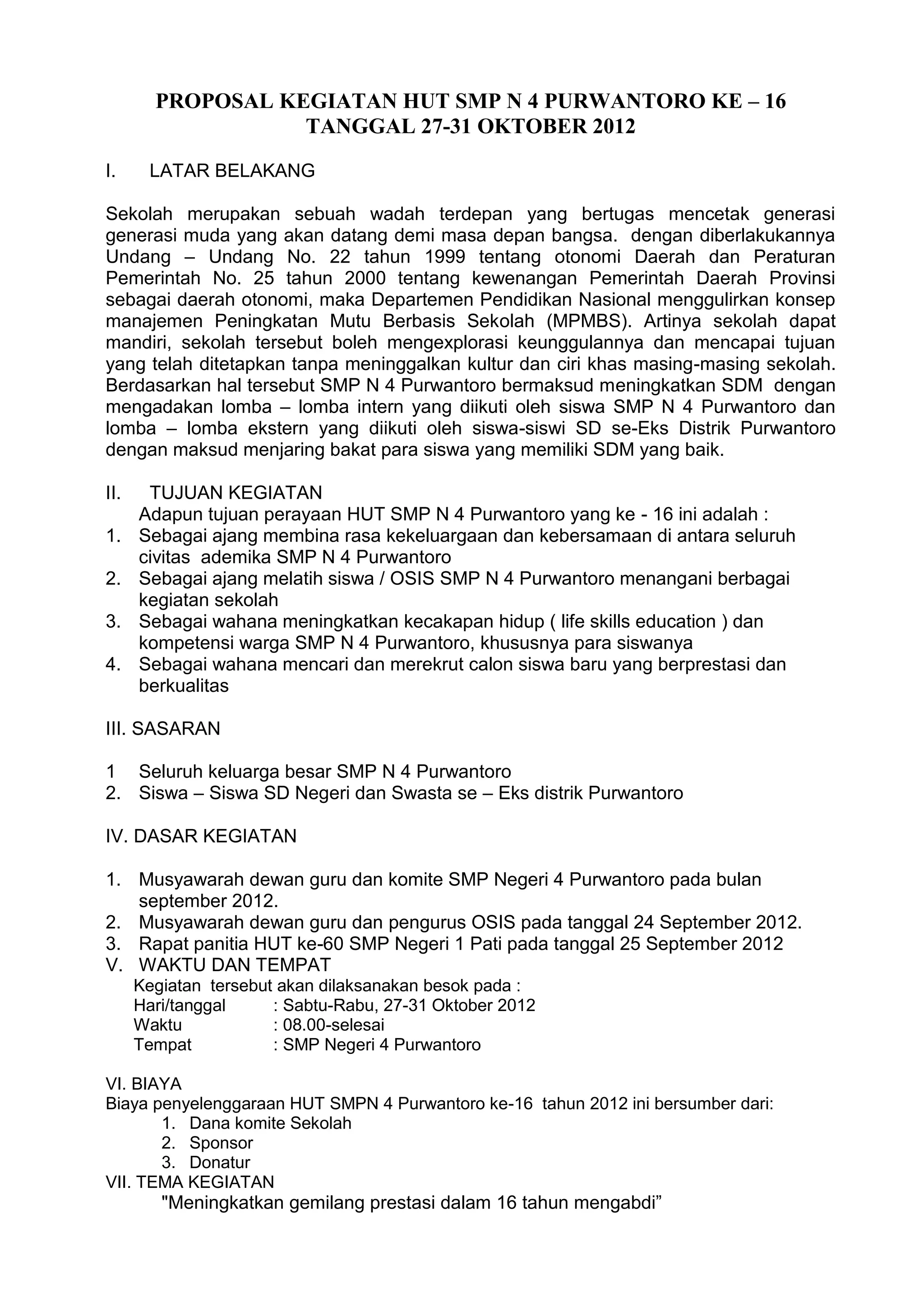 Proposal kegiatan hut smp n 4 purwantoro ke | DOCX