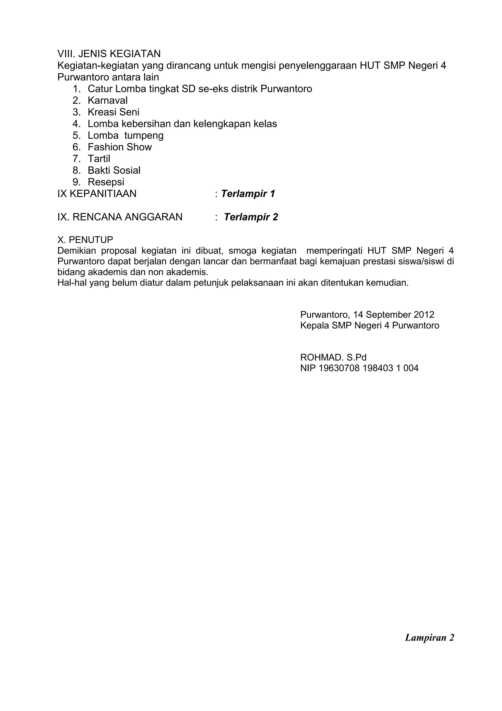 Proposal kegiatan hut smp n 4 purwantoro ke | DOCX