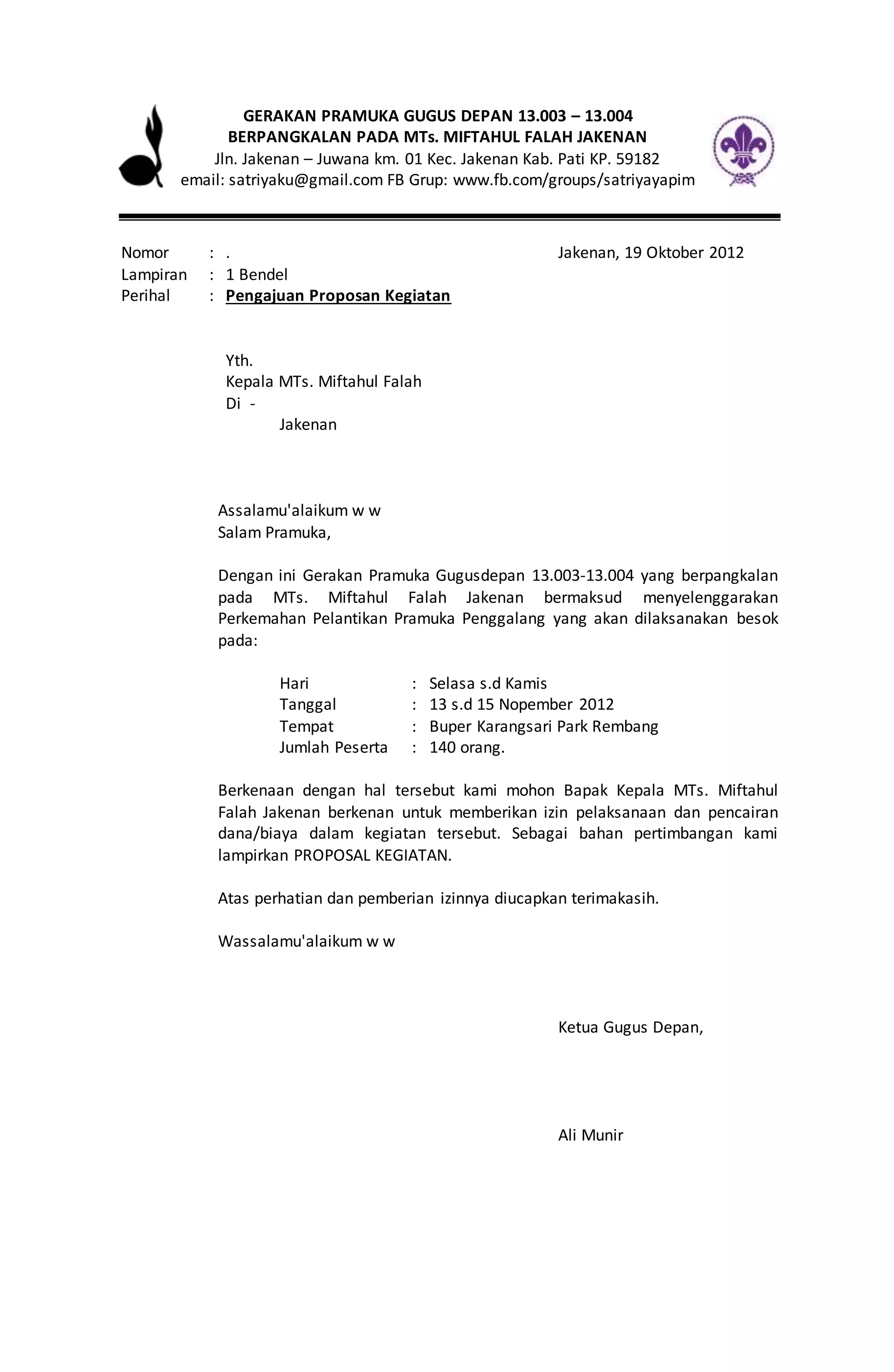 Proposal kegiatan kemah pelantikan penggalang | DOCX