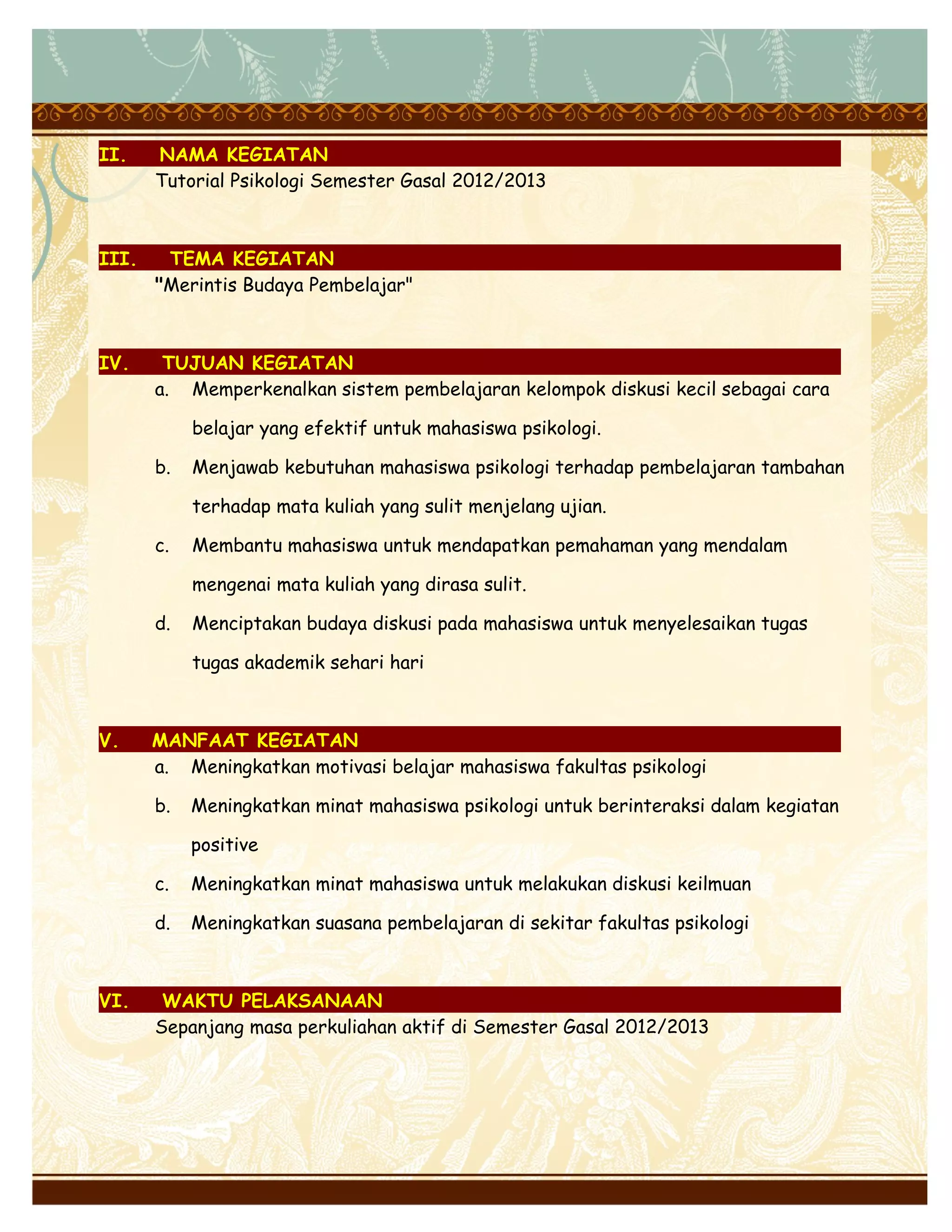 Proposal kegiatan tutorial psikologi | DOC