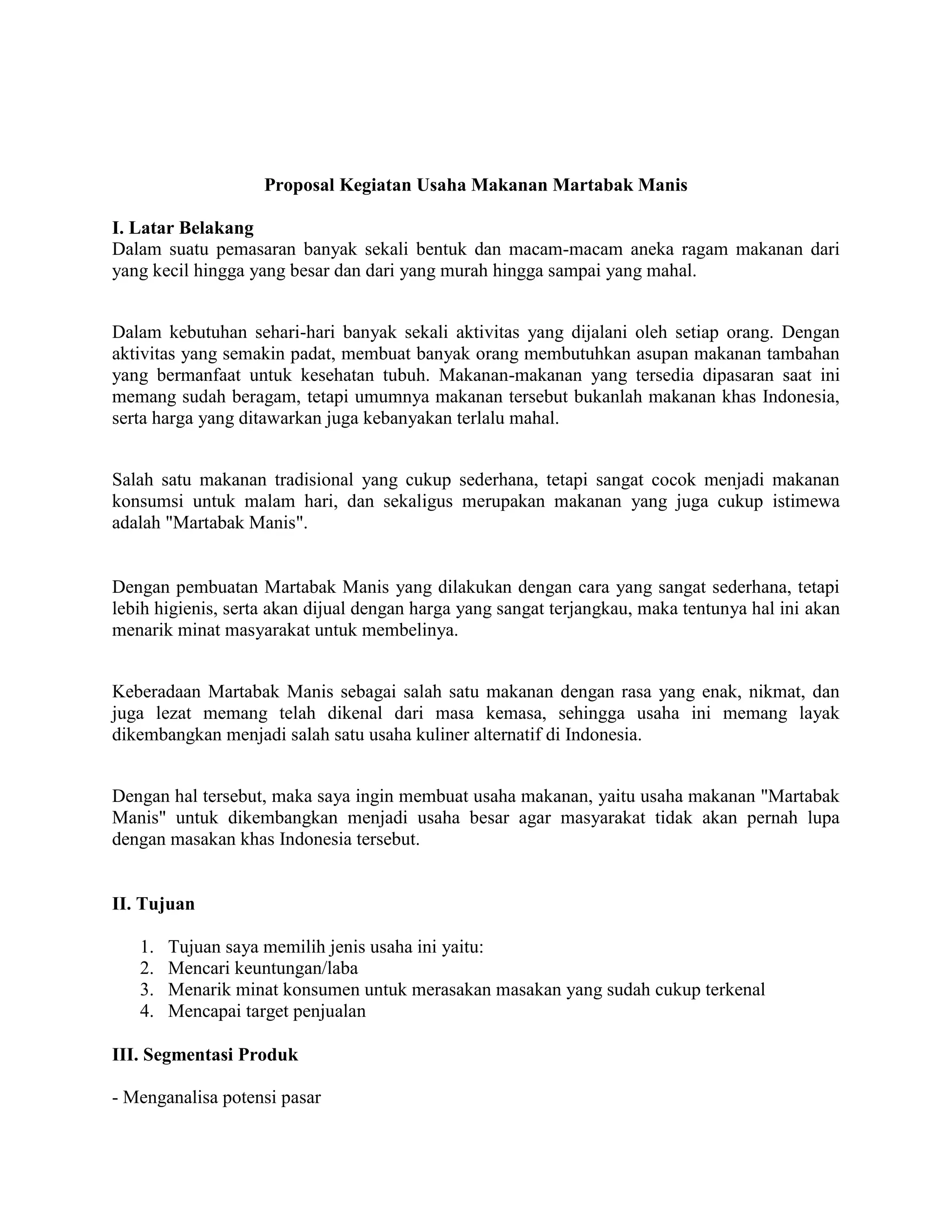 Proposal kegiatan usaha makanan martabak manis | DOCX
