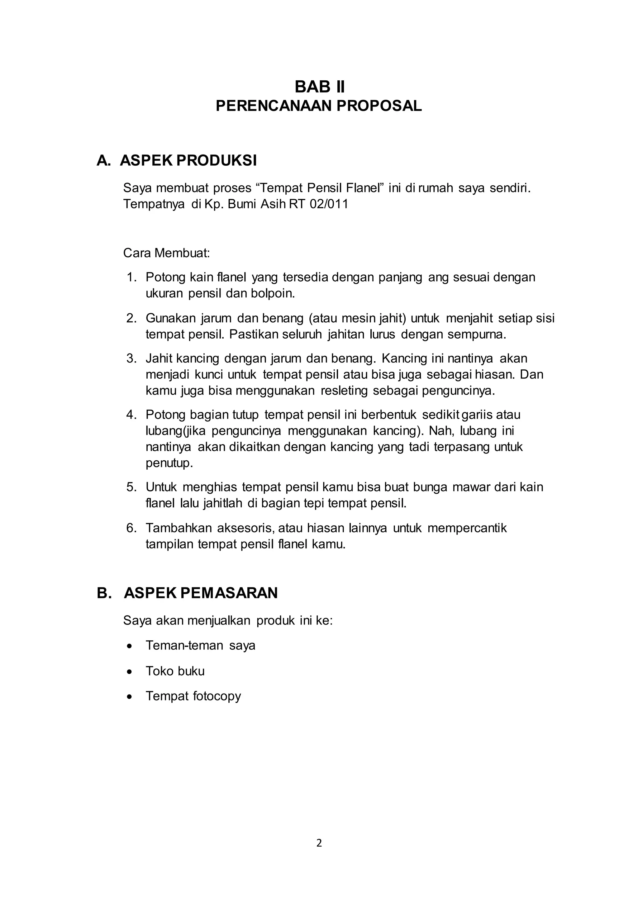 Proposal Kewirausahaan Usaha "Tempat Pensil Flanel" | DOCX