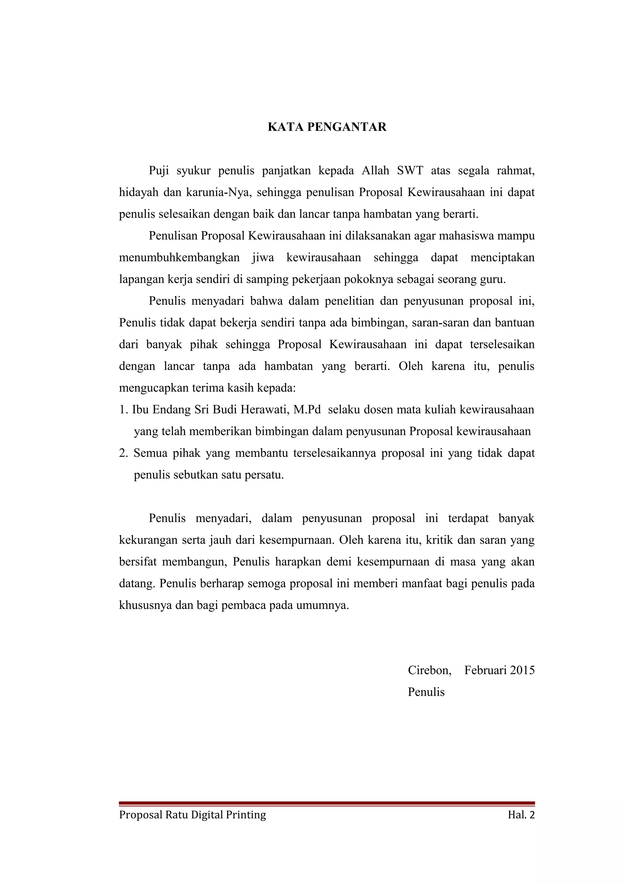 Proposal Perintisan Usaha Ratu Digital Printing | DOC
