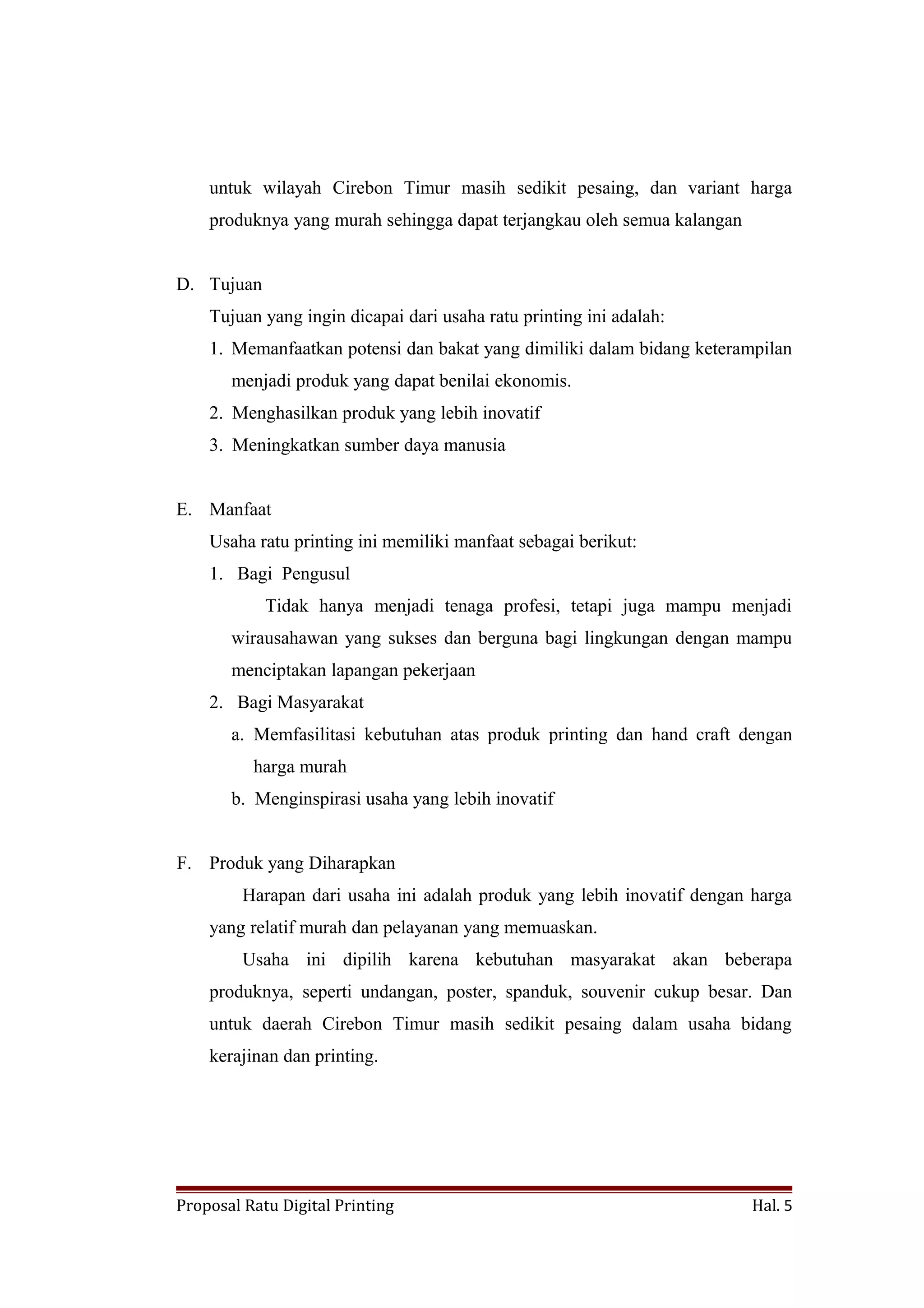 Proposal Perintisan Usaha Ratu Digital Printing | DOC