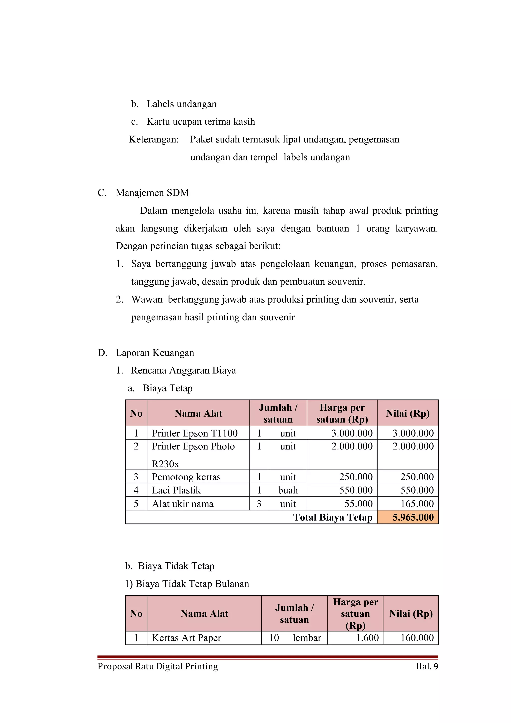 Proposal Perintisan Usaha Ratu Digital Printing | DOC