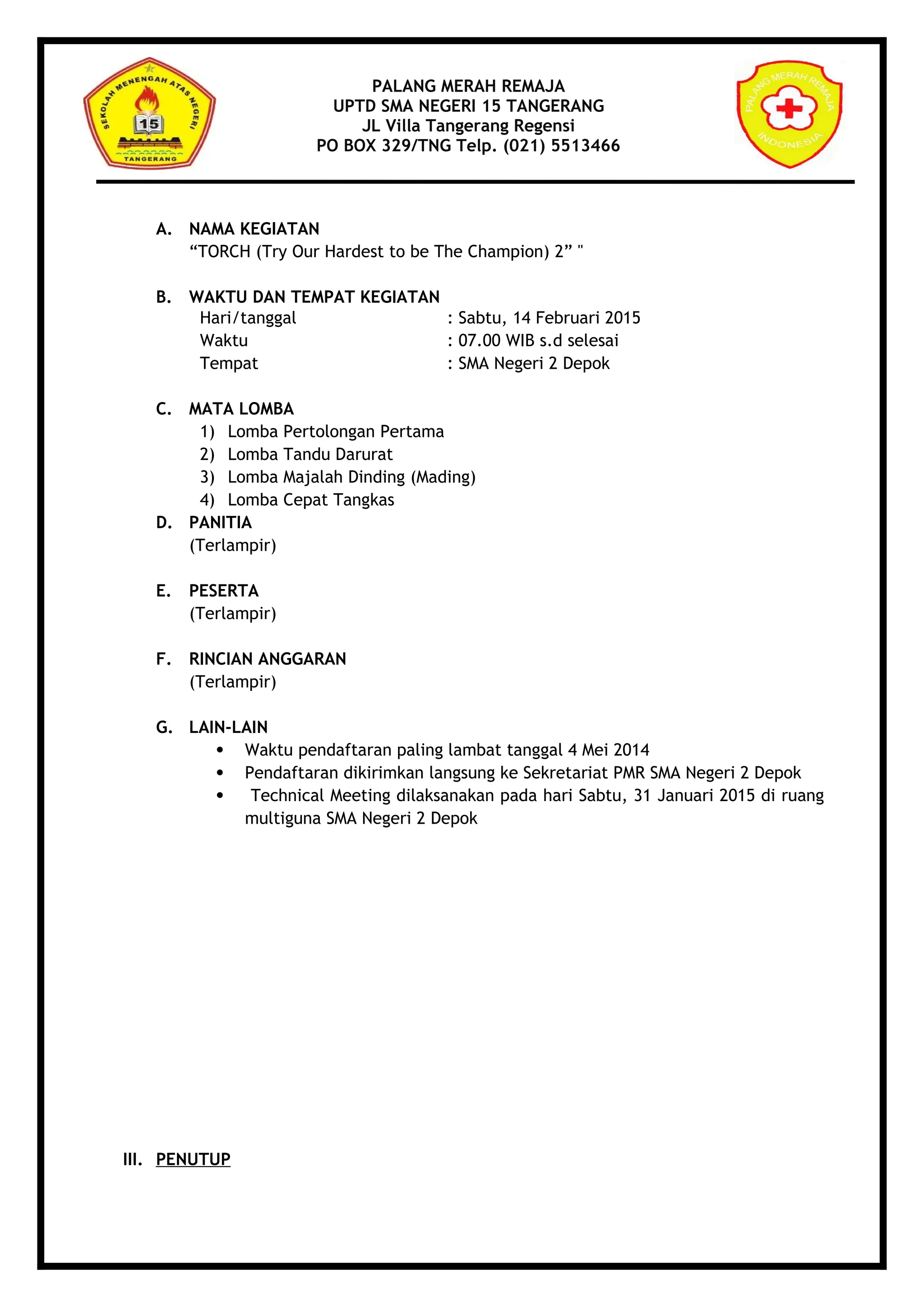 PMR SMA Negeri 15 Tangerang - Proposal Lomba TORCH | DOCX