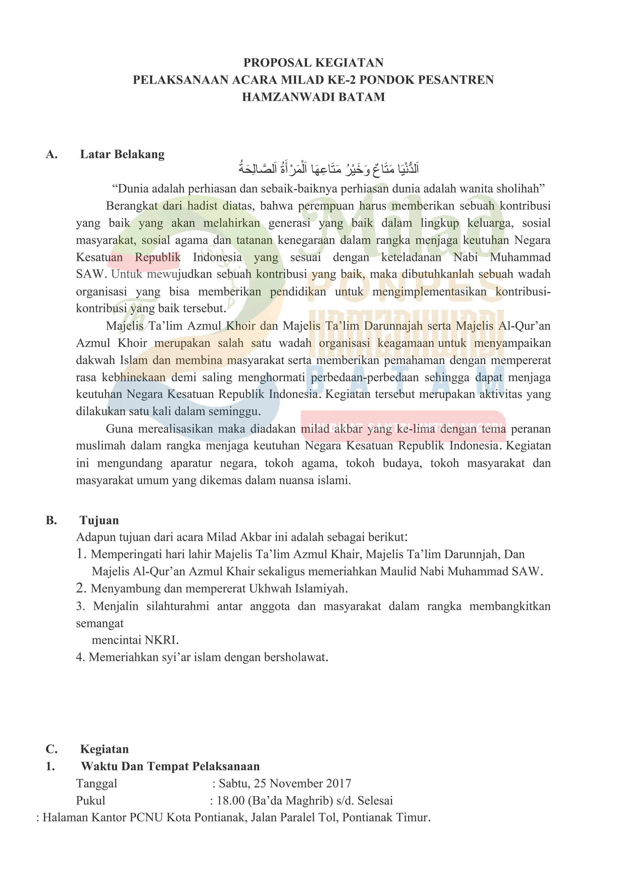 PROPOSAL BANTUAN DANA MILAD PONDOK PESANTREN | DOCX