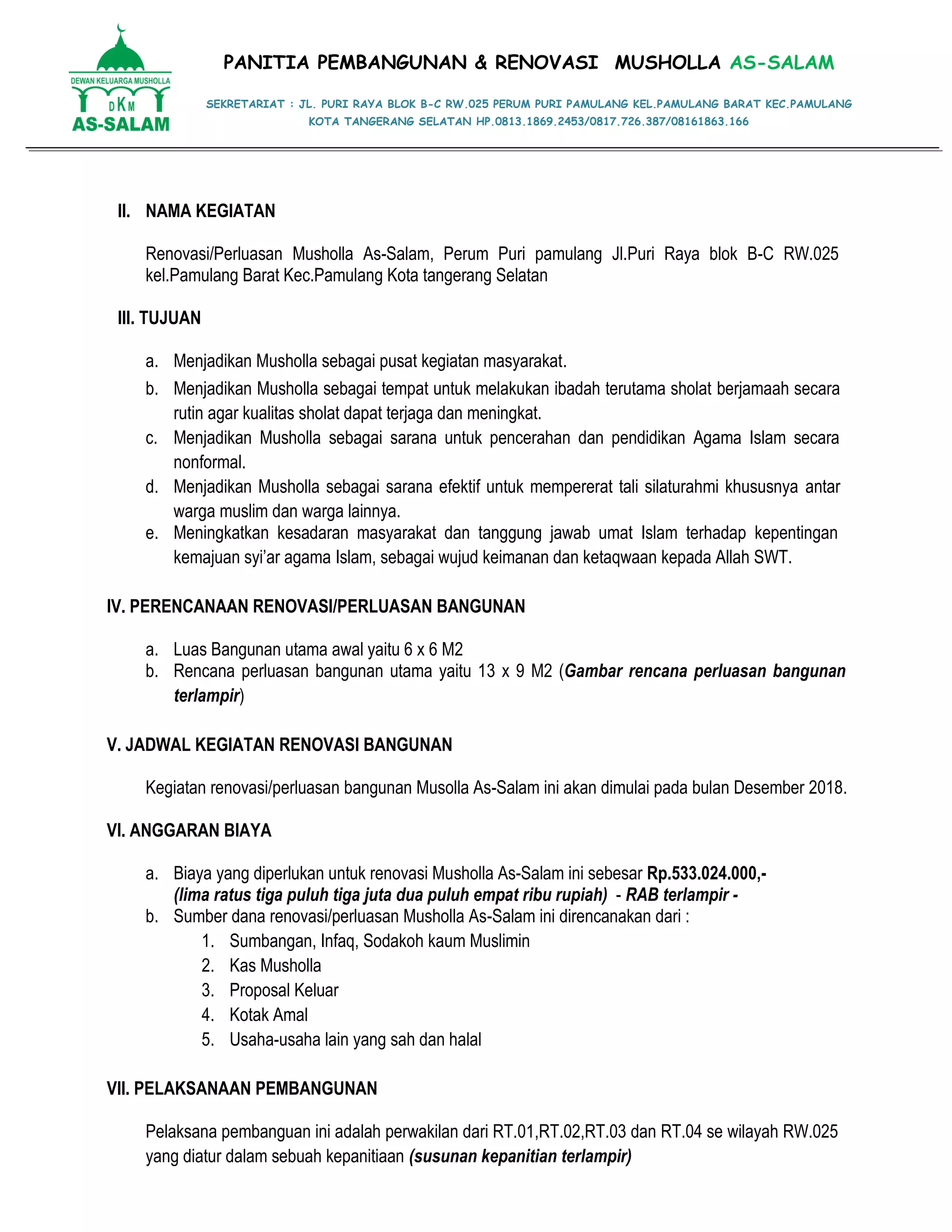 Proposal Pembangunan Musala As-Salam | PDF