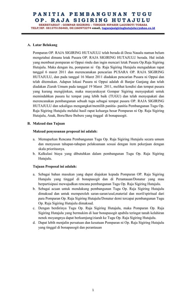 Proposal pembangunan tugu op. raja sigiring | DOCX