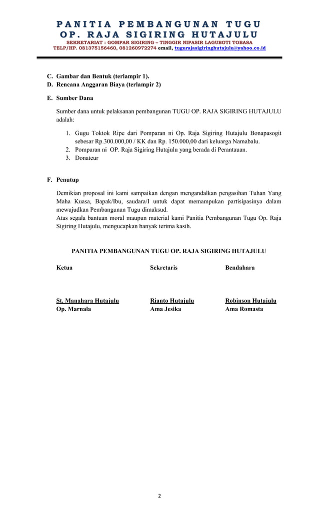 Proposal pembangunan tugu op. raja sigiring | DOCX