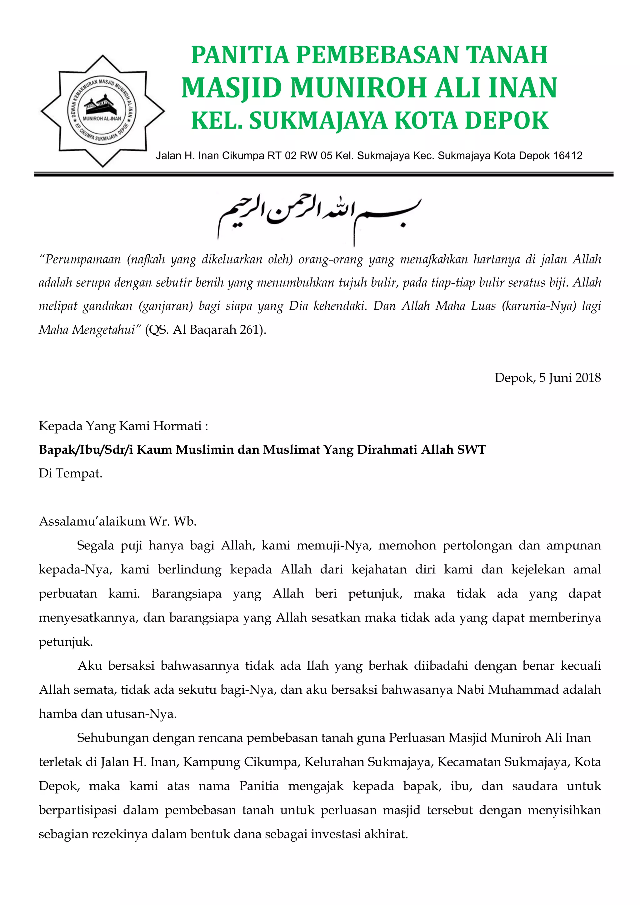 Proposal Pembebasan Tanah Masjid Muniroh 2018 | PDF