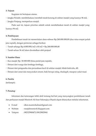 Proposal Pembebasan Tanah Masjid Muniroh 2018 | PDF