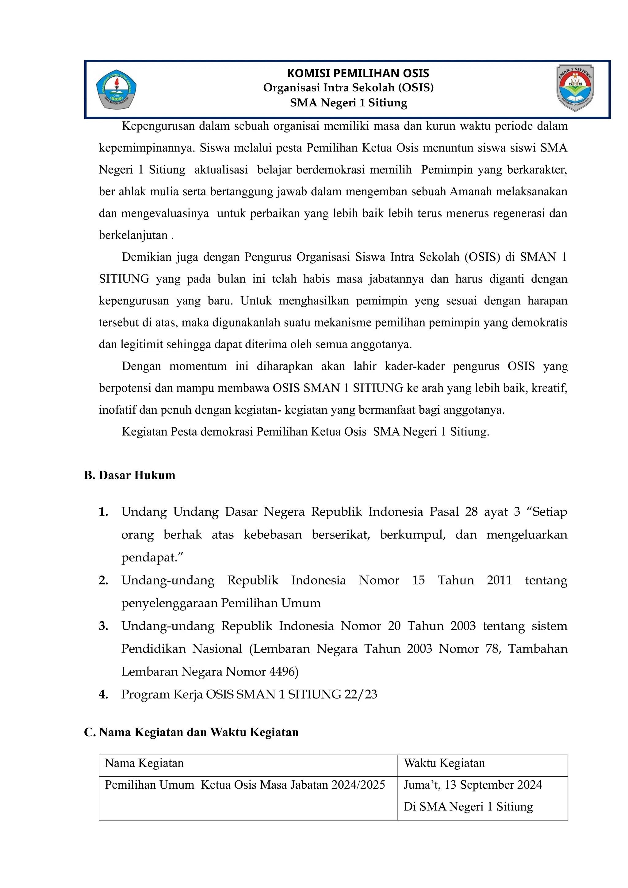 PROPOSAL PEMILU OSIS SMA NEGERI 1 SITIUNG TAHUN 2024/2025 | DOCX