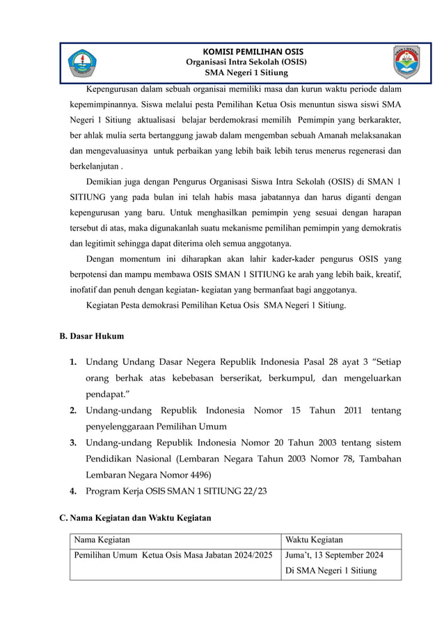 PROPOSAL PEMILU OSIS SMA NEGERI 1 SITIUNG TAHUN 2024/2025 | PDF