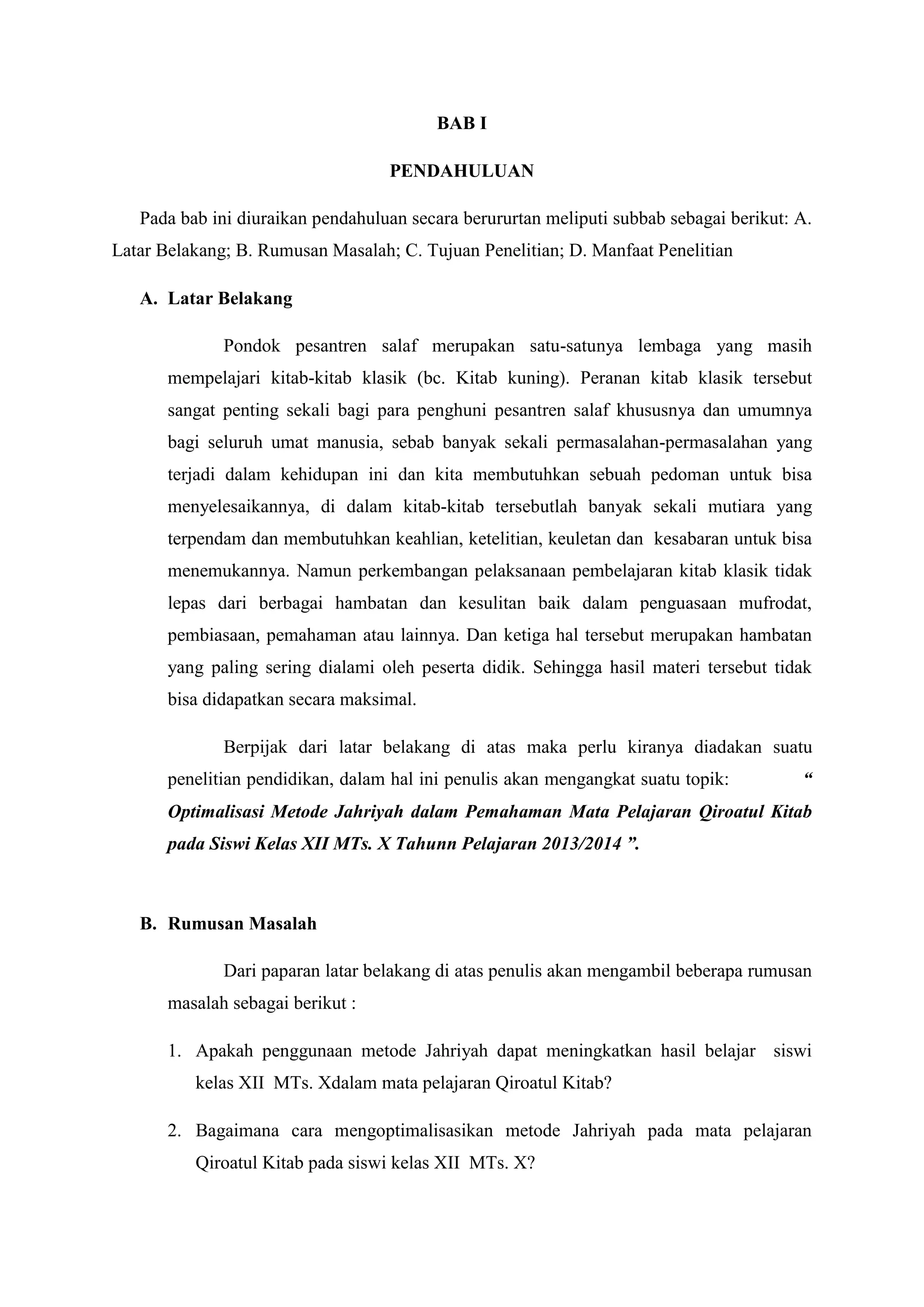 contoh proposal PTK PBA optimalisasi metode jahriyah dalam pemahaman kitab kuning | DOCX