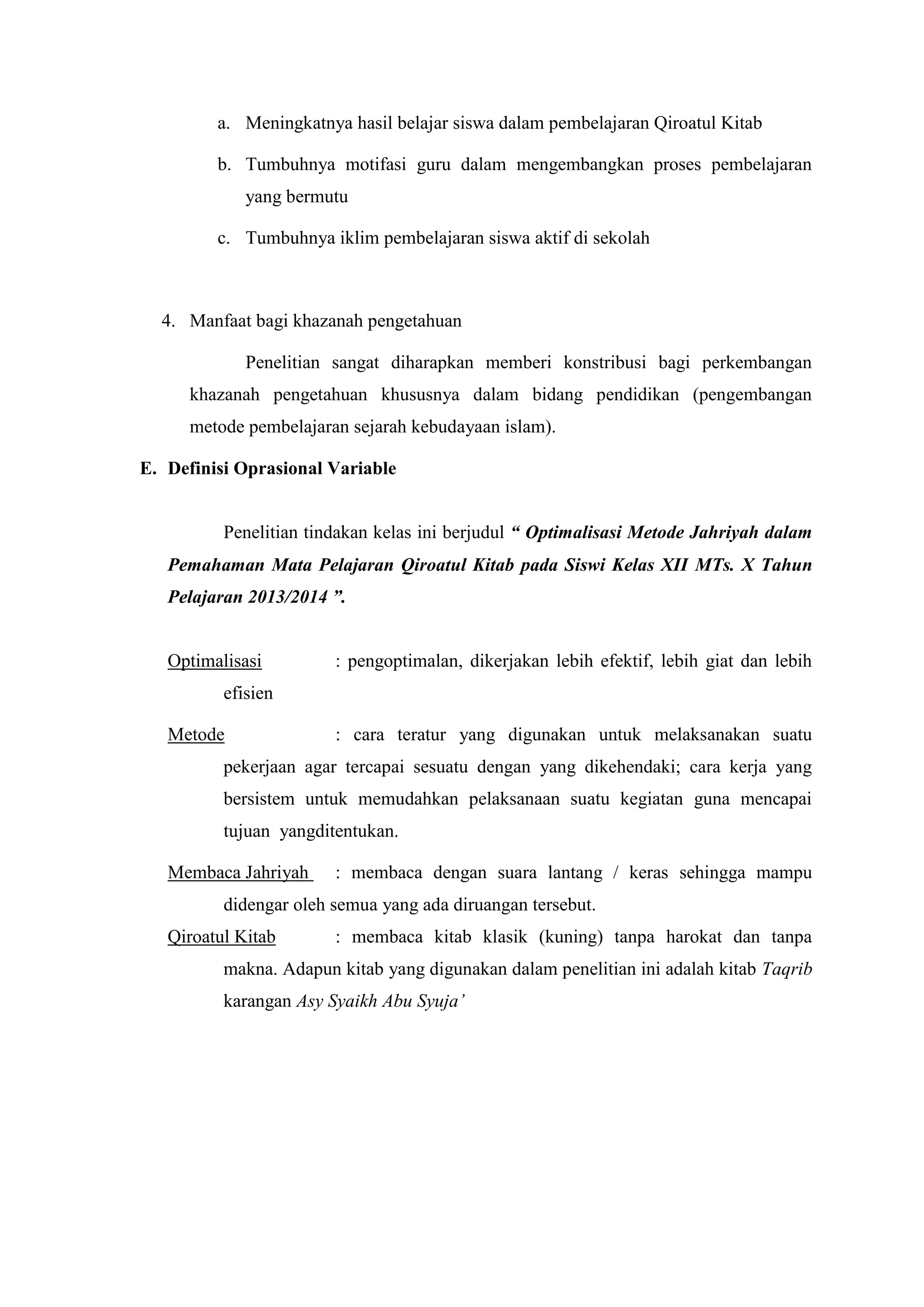 contoh proposal PTK PBA optimalisasi metode jahriyah dalam pemahaman kitab kuning | DOCX