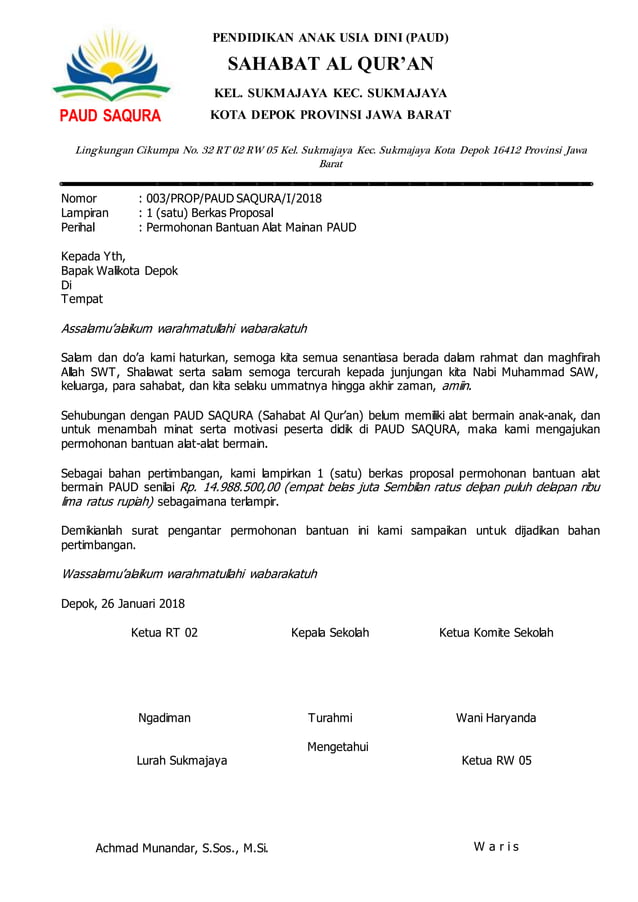 Proposal permohonan bantuan alat mainan paud saqura | DOCX