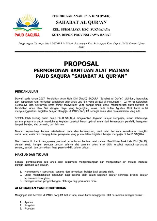 Proposal permohonan bantuan alat mainan paud saqura | DOCX