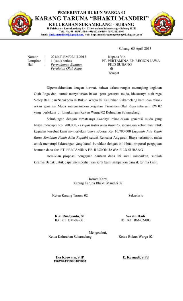 Proposal permohonan perlengkapan olahraga karang taruna bhakti mandiri | PDF