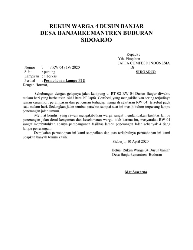 Proposal pju rw 4 dusun banjar | PDF