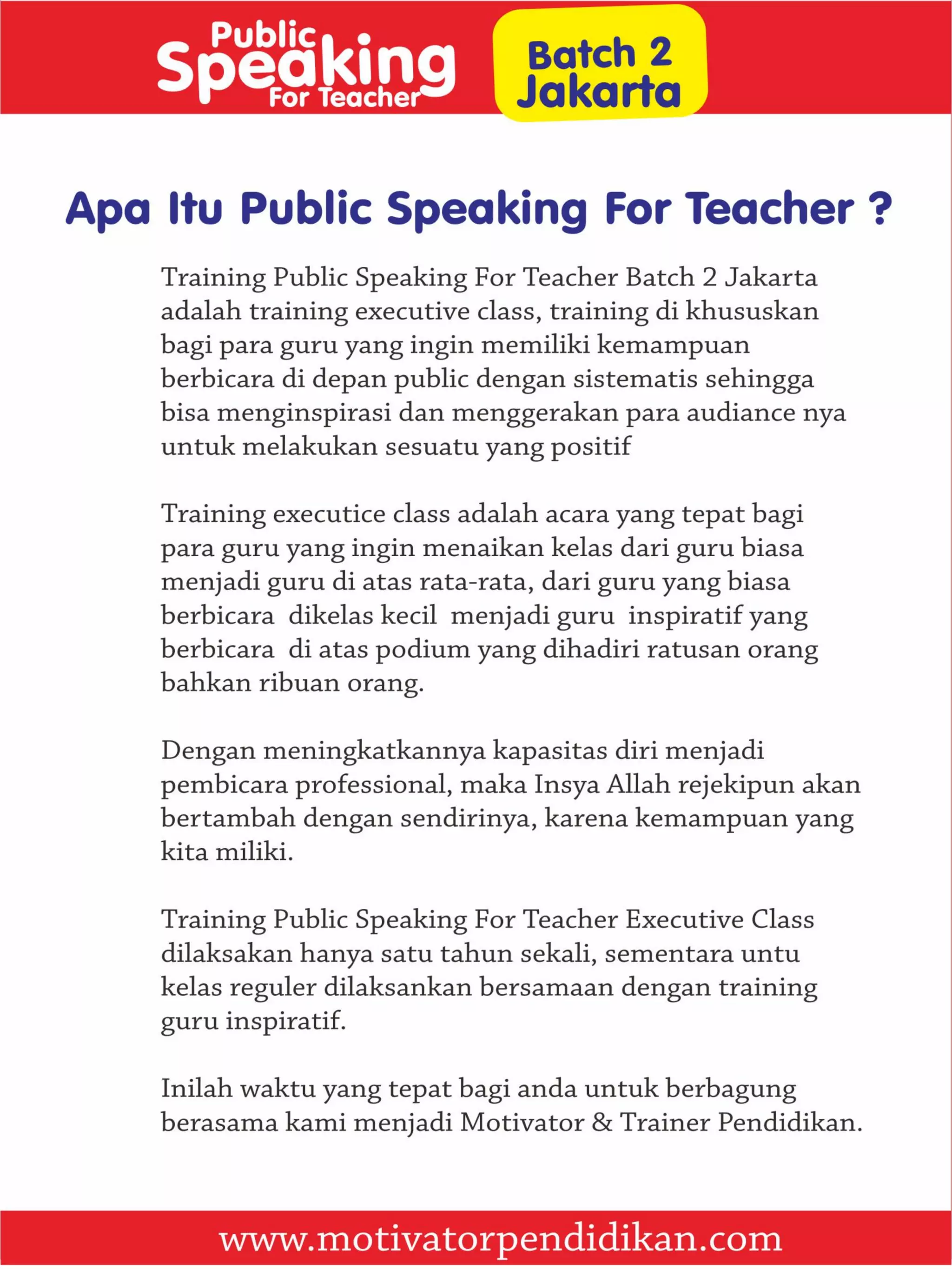 Proposal public speaking for teacher batch 2 Jakarta | PDF