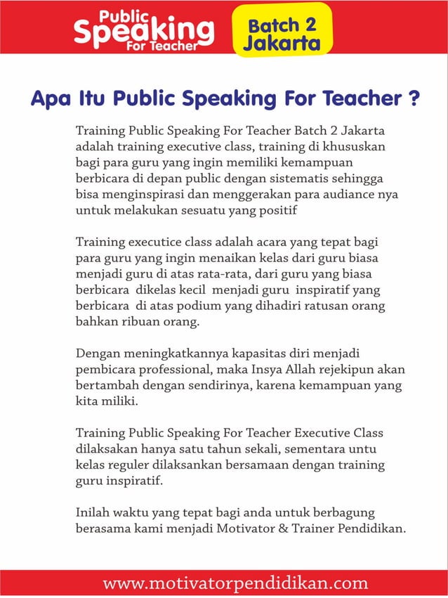 Proposal public speaking for teacher batch 2 Jakarta | PDF